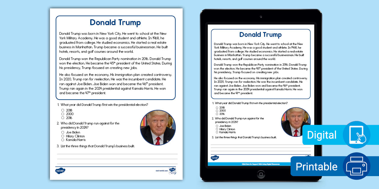 Second Grade Donald Trump Reading Passage Comprehension