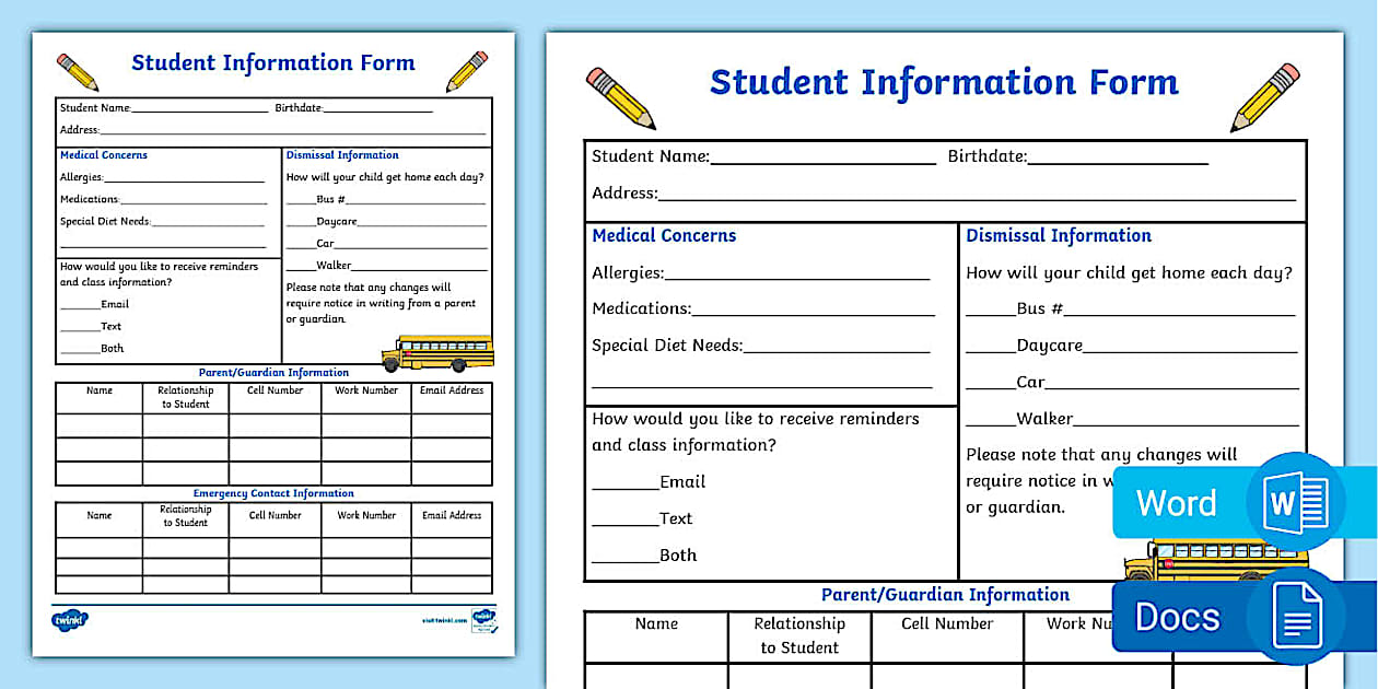 Student Information Form for Elementary School | Twinkl USA