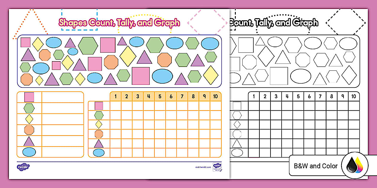 First Grade Shapes Count, Tally, and Graph to 10 Worksheet
