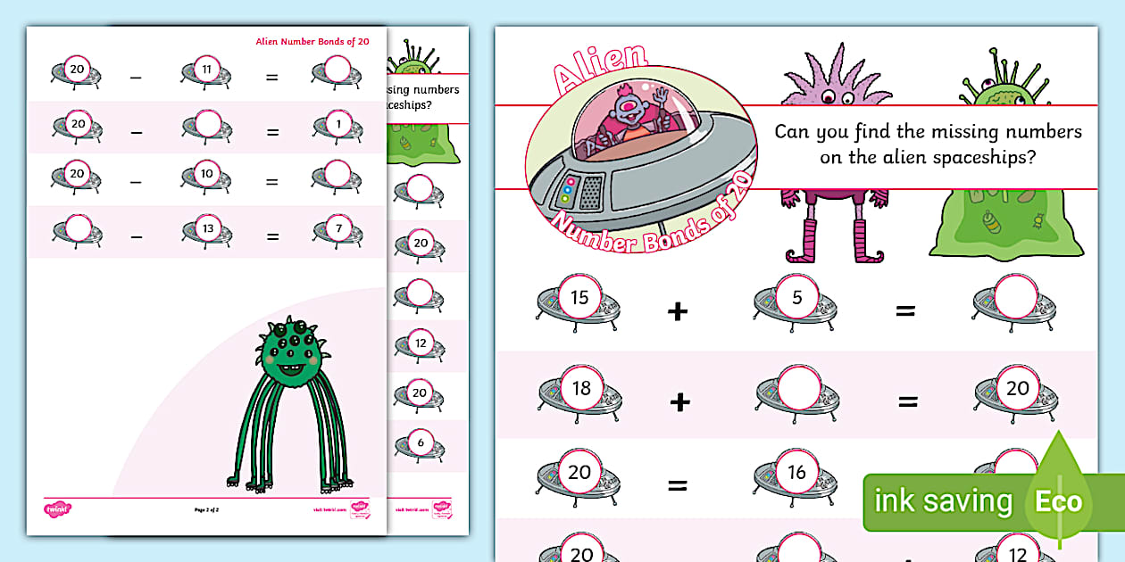 👉 Alien-Themed Number Bonds of 20 Activity Sheet - Maths