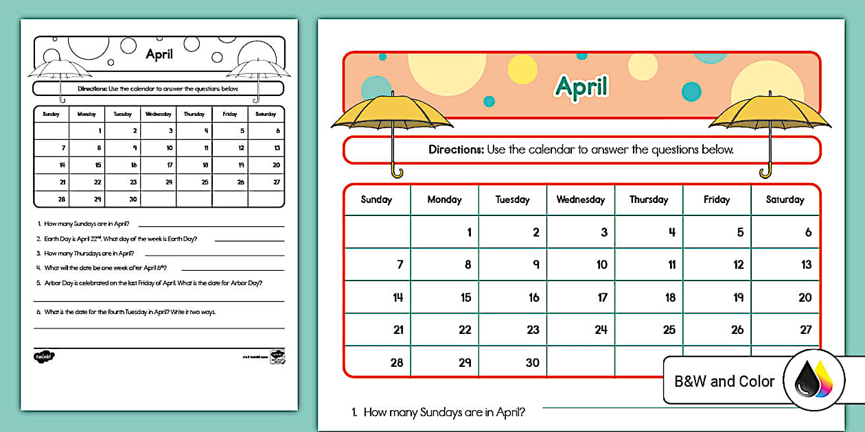 April Reading a Calendar Activity Worksheet for K-2nd Grade
