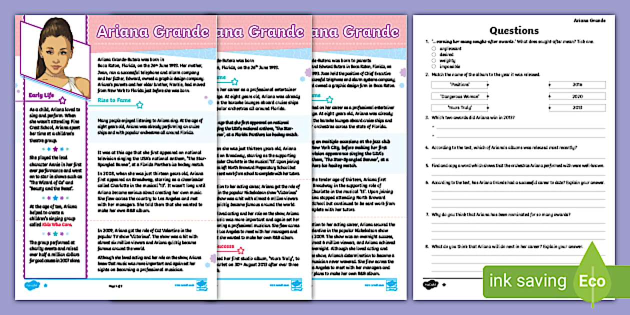 Editable UKS2 Ariana Grande Differentiated Reading Comprehension Activity