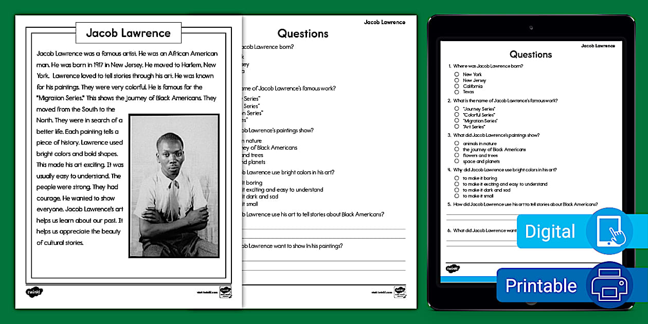 First Grade Jacob Lawrence Reading Comprehension Worksheet