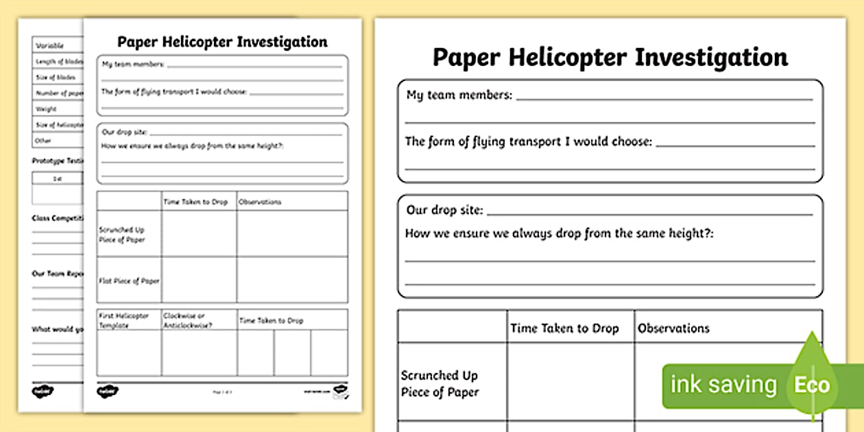 Editable Paper Helicopter Investigation Record Sheet