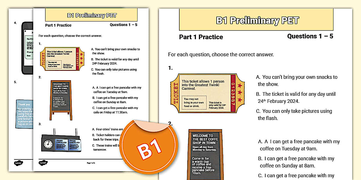B1 PET Reading Part 1 Practice Exam (Teacher-Made) - Twinkl