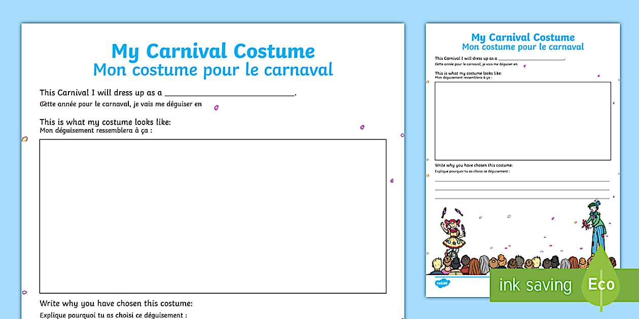 My Carnival Costume Worksheet English/French - Twinkl