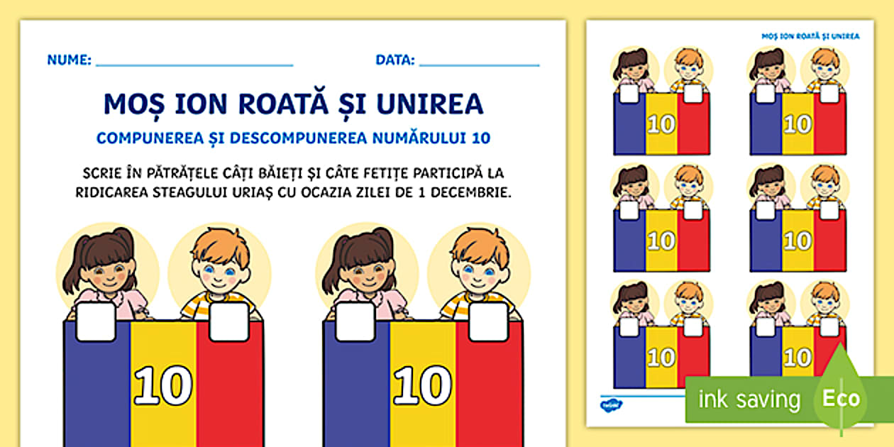 Compunerea și descompunerea numărului 10 - Fișă de lucru