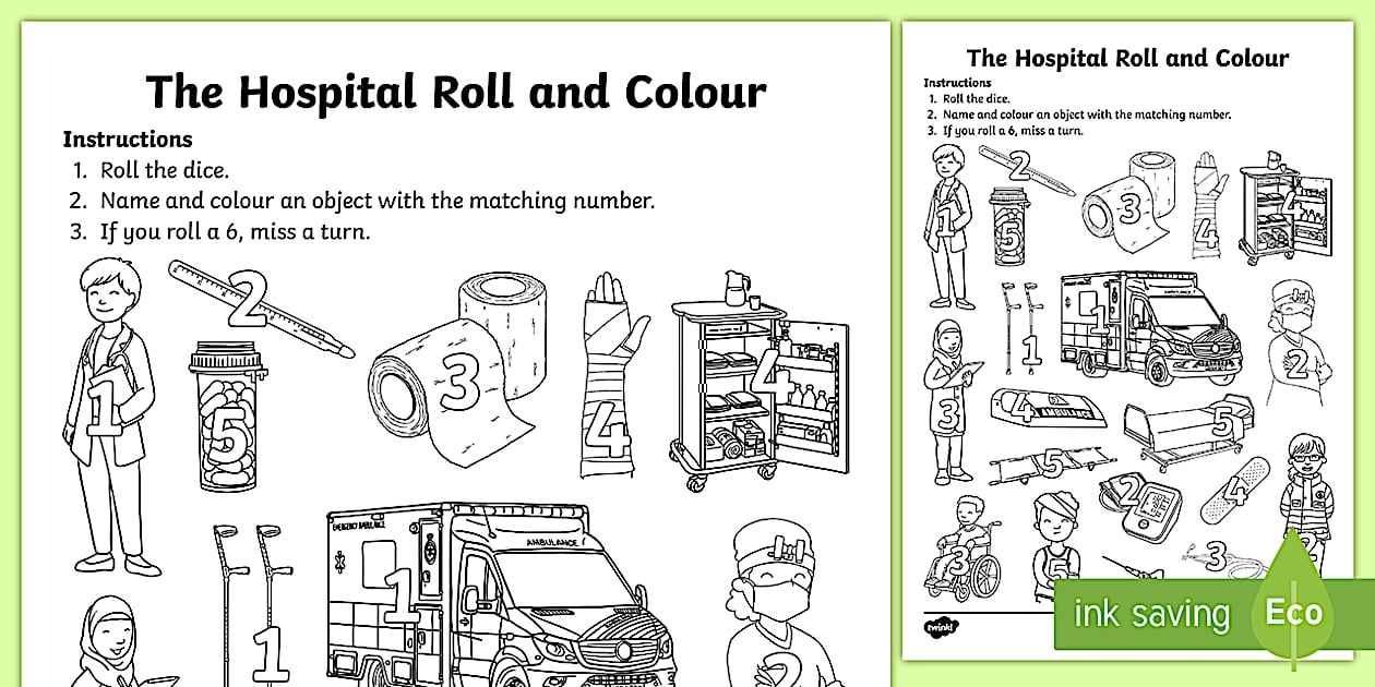 The Hospital Aistear Roll and Colour Worksheet - Twinkl