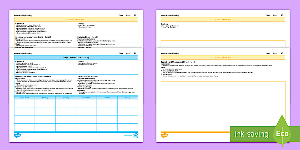 Stage 0 and Stage 1 Weekly Maths Planning Template - Twinkl