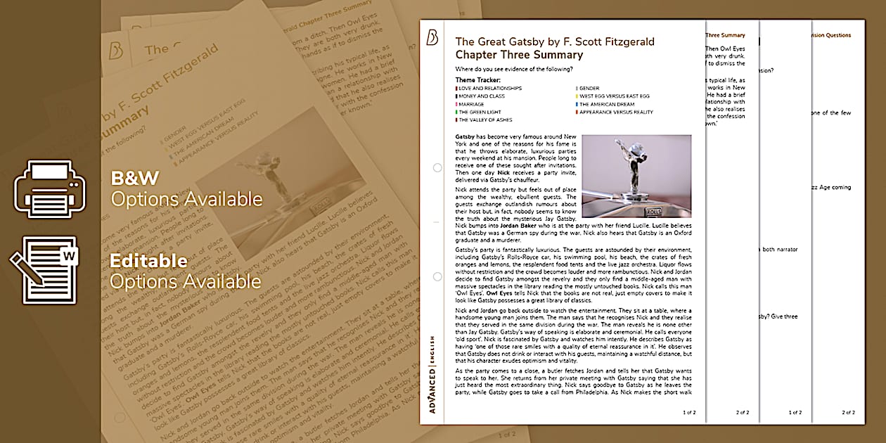 The Great Gatsby Revision: Chapter Three Summary - Twinkl