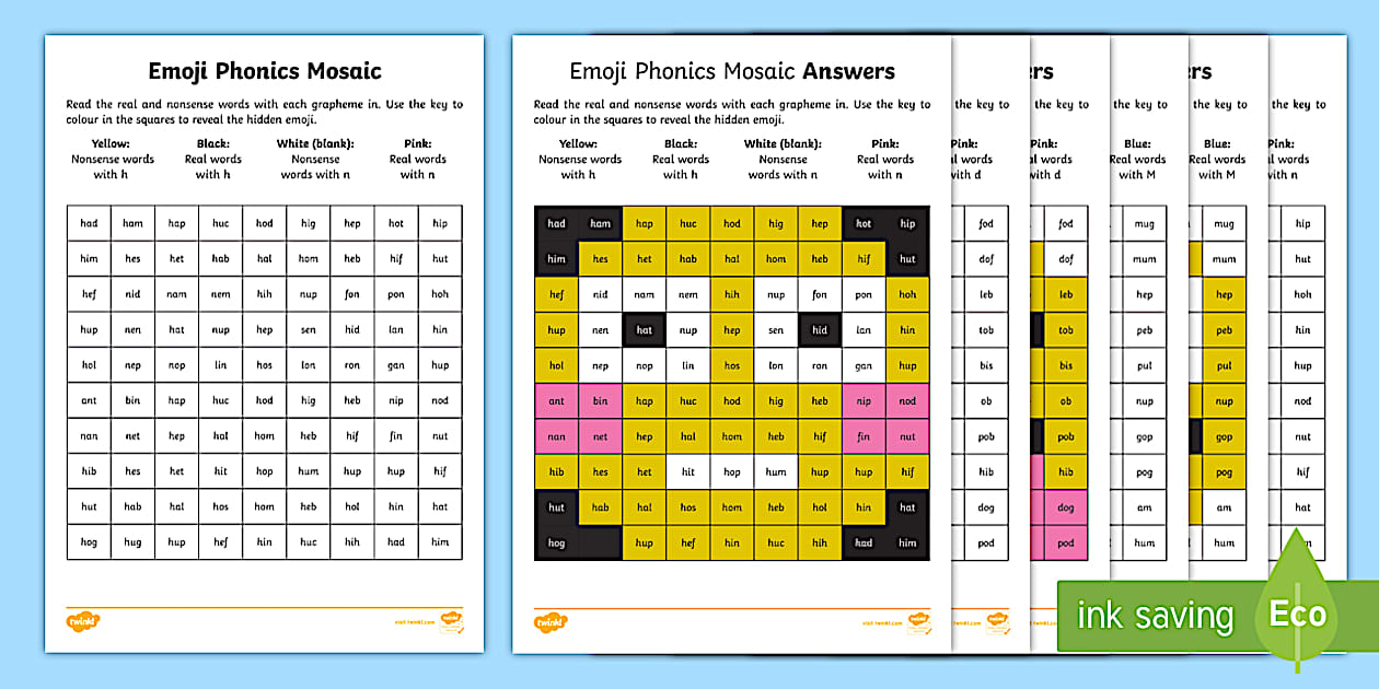😊 Emojis Phase 2 Phonics Mosaic Worksheets (teacher made)