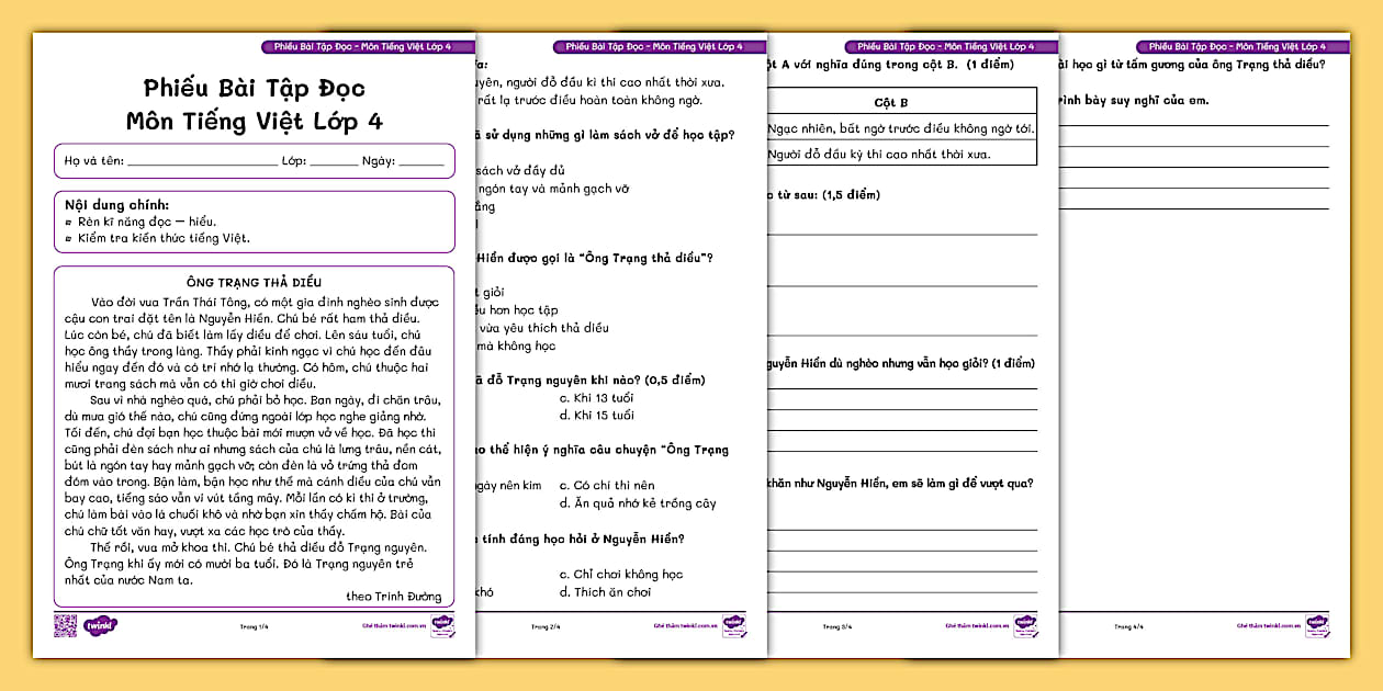 Phiếu Bài Tập Đọc Hiểu Tiếng Việt 4: Ông Trạng Thả Diều