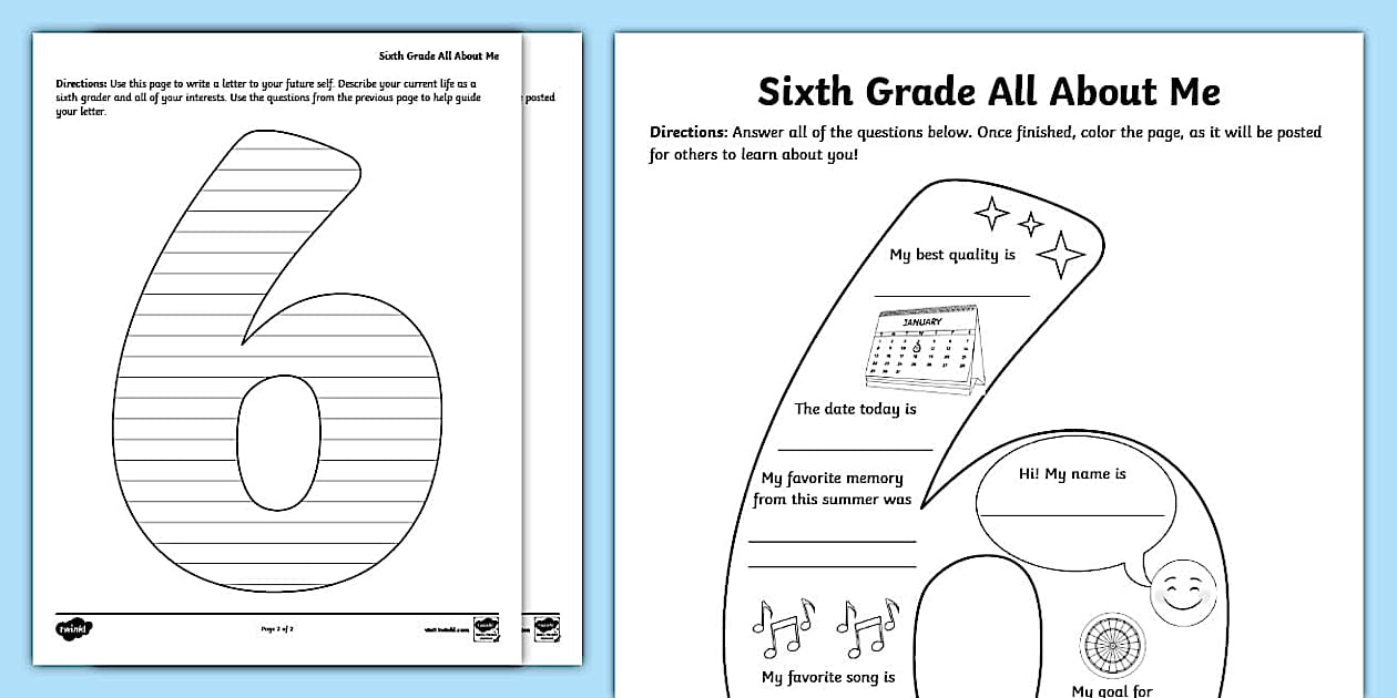 Sixth Grade All About Me Worksheet and Writing Prompt