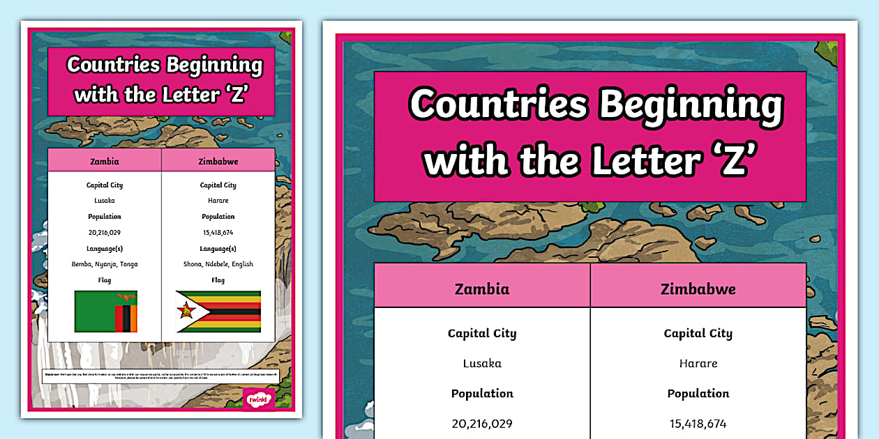 Countries Beginning with the Letter 'Z' Display Poster