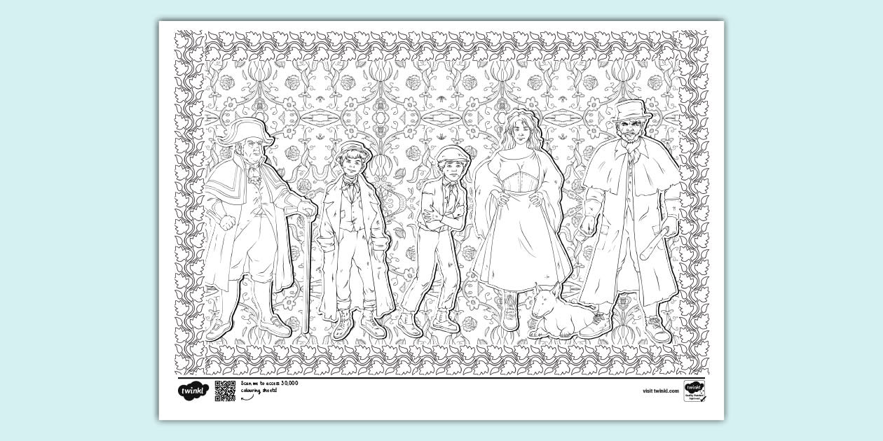 Oliver Twist Characters Montage Colouring Sheet - Twinkl