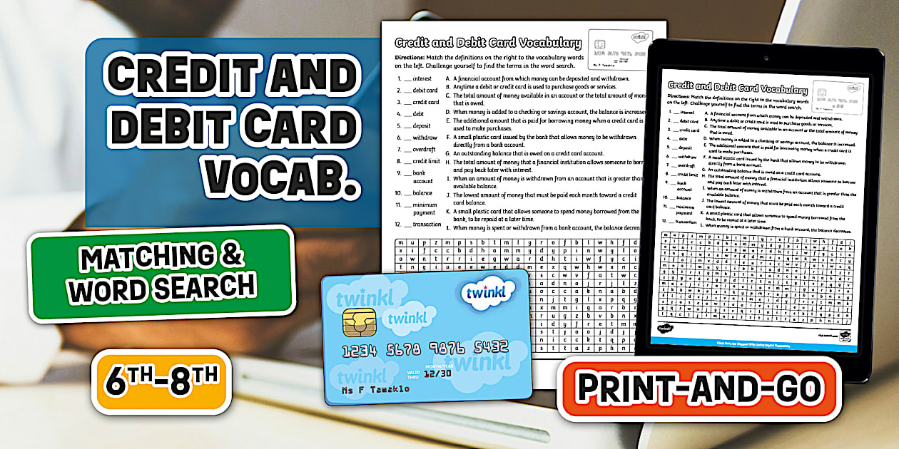 Credit and Debit Card Vocabulary Matching and Word Search