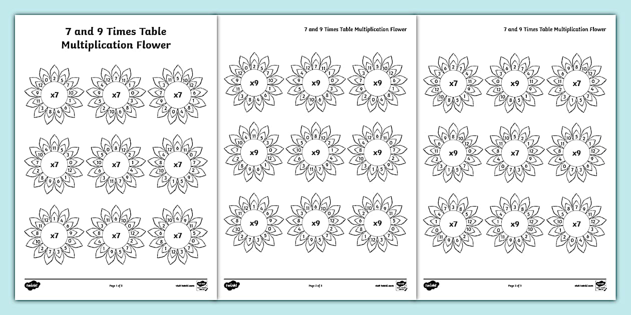 7 and 9 Times Table Multiplication Flower Activity Sheet