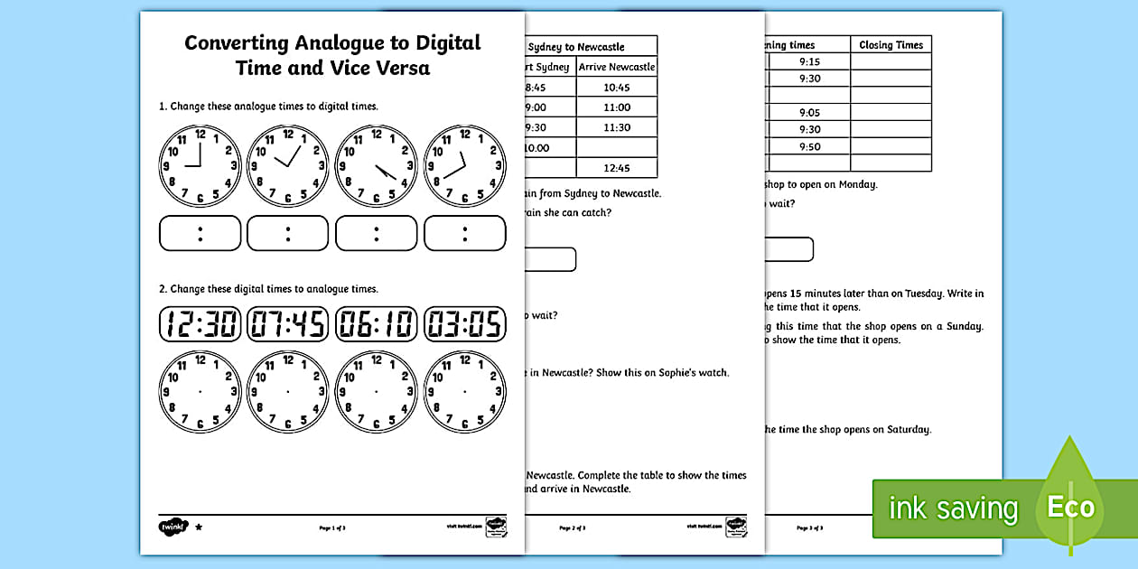 NSW Converting Analogue to Digital Time and Vice Versa Worksheet