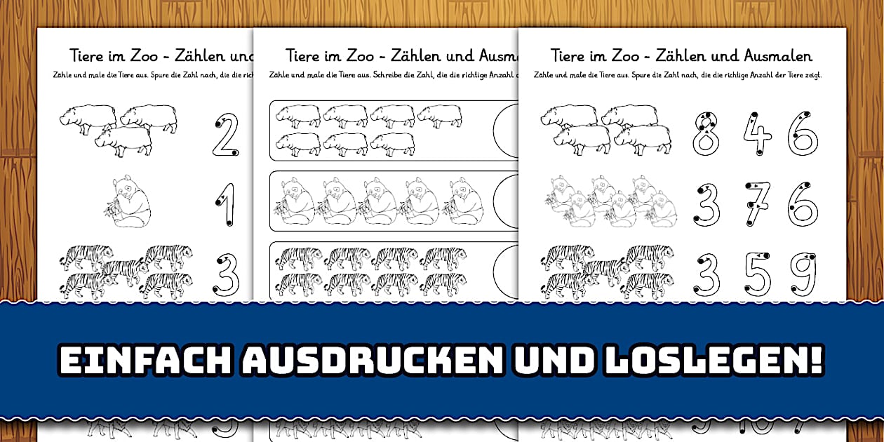Tiere im Zoo - Zählen und Ausmalen - Arbeitsblätter