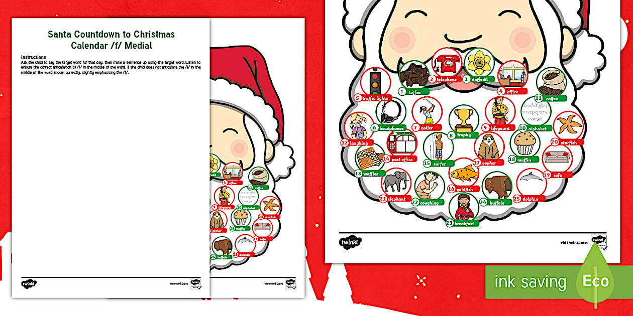 Santa Countdown to Christmas Calendar /f/ Medial Worksheet