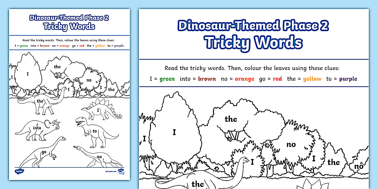 Kindergarten Dinosaur-Themed Phase 2 Tricky Words Colouring Activity