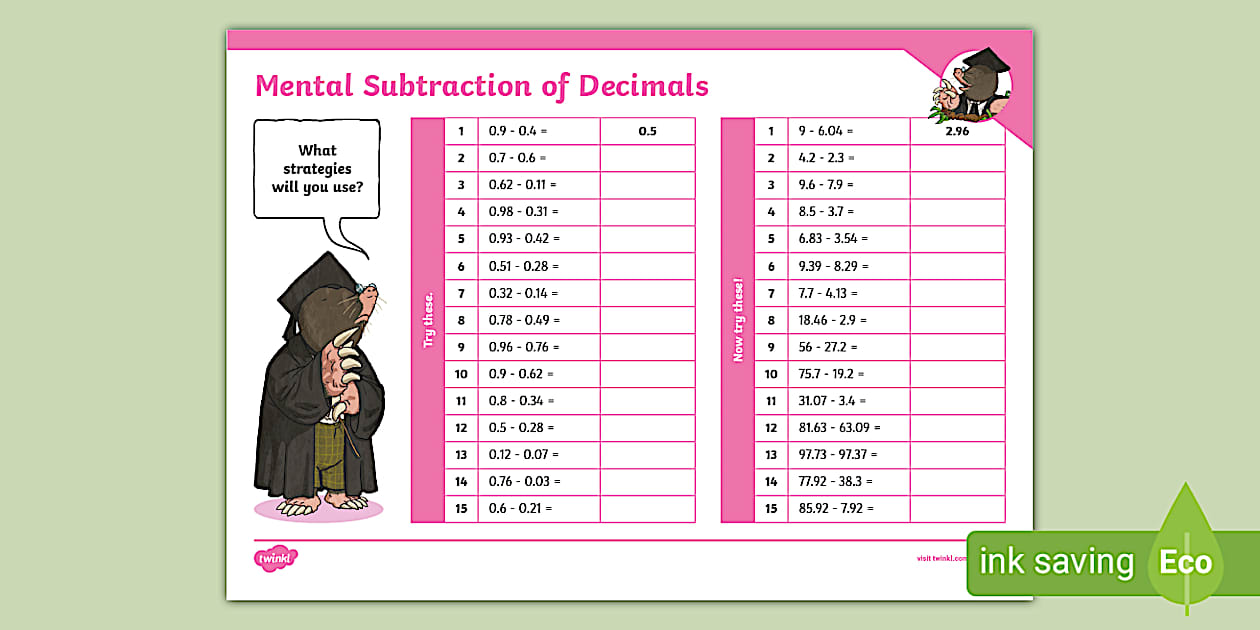 Mental Subtraction of Decimals (teacher made) - Twinkl