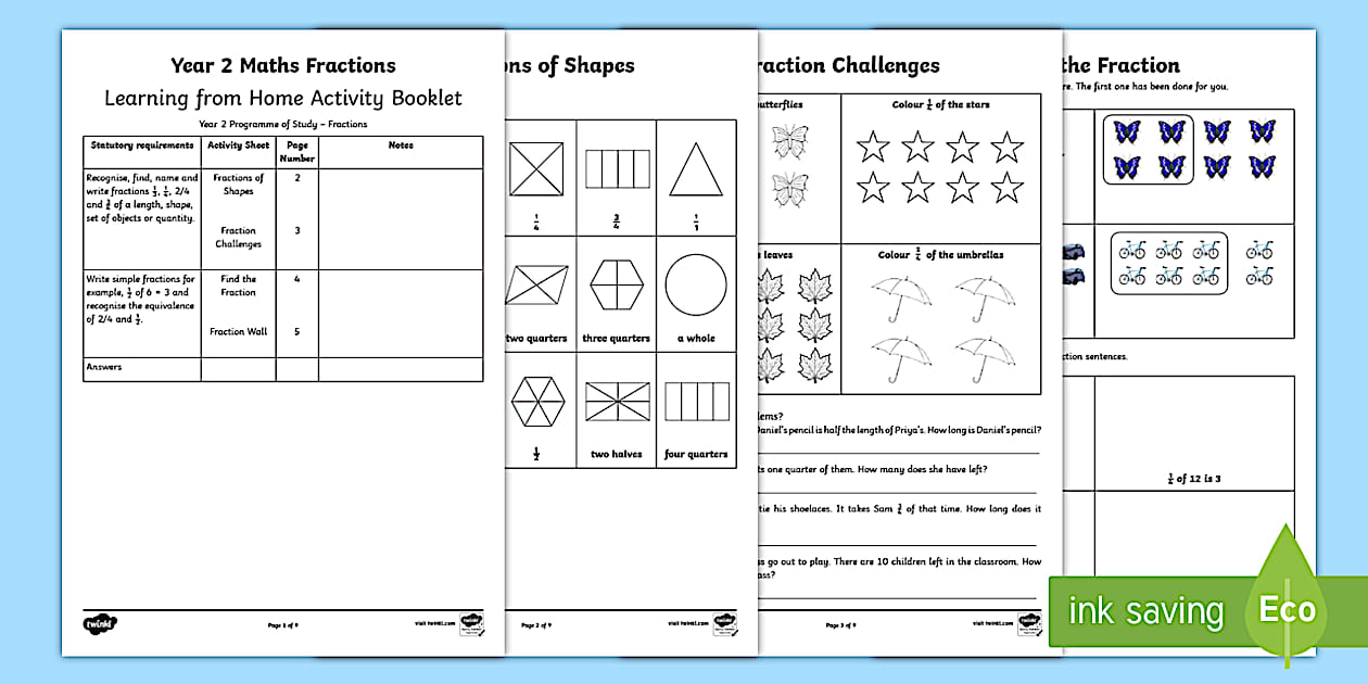 Year 2 Maths Fractions Home Learning Activity Booklet
