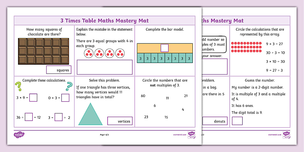 👉 3 Times Table Maths Mastery Mat - Twinkl