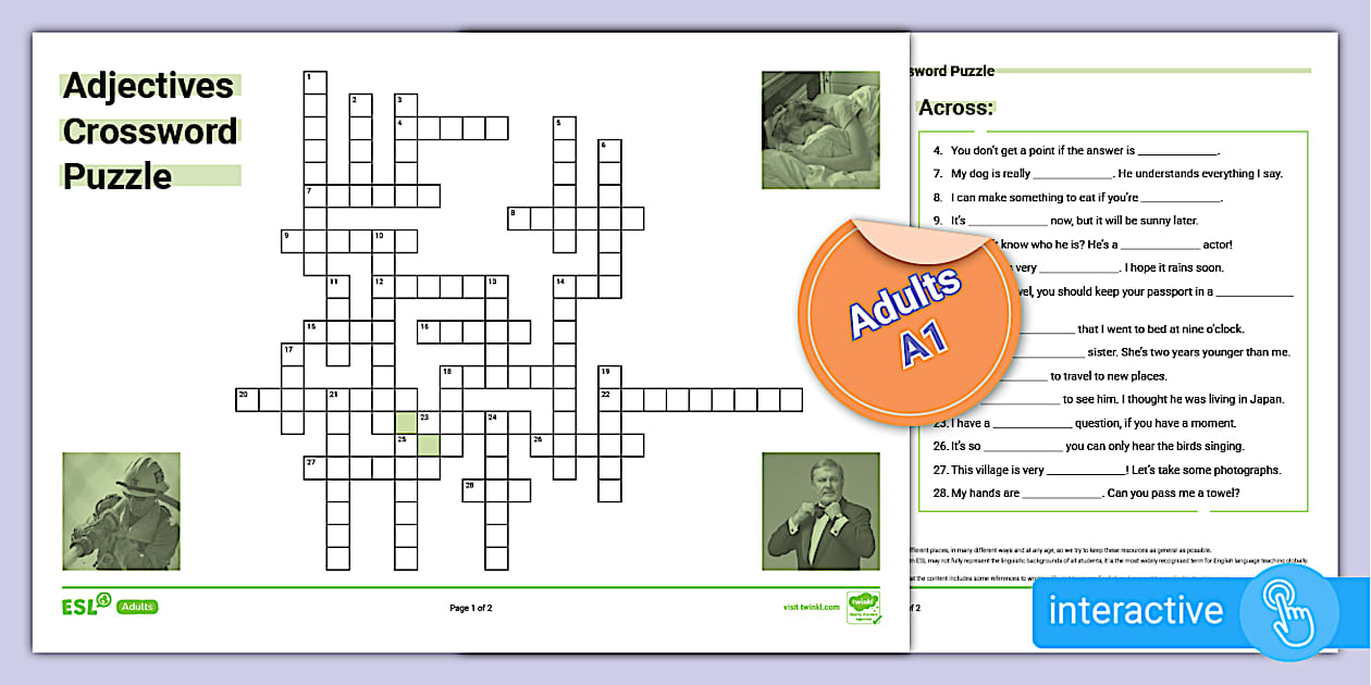ESL Adjectives Crossword Puzzle [Adults, A1] - Twinkl