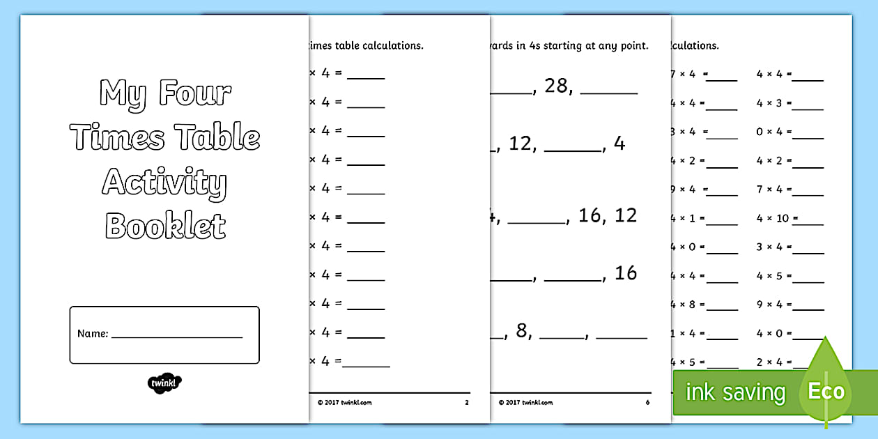 Editable Four Times Table Activity Booklet (teacher made)