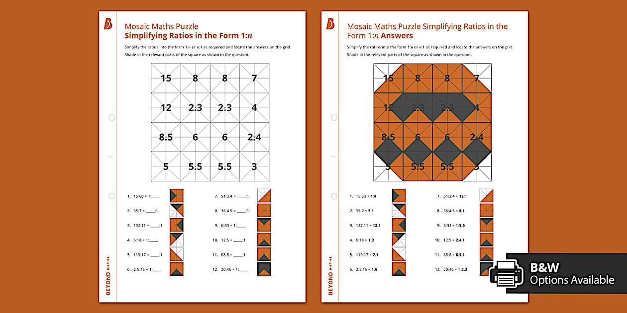 👉 Mosaic Maths Puzzle - Simplifying Ratios in the form 1:n
