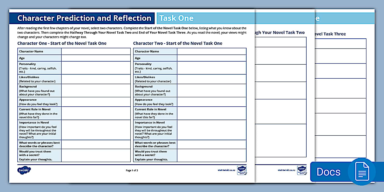Year 7 and 8 Character Prediction/Reflection Activity