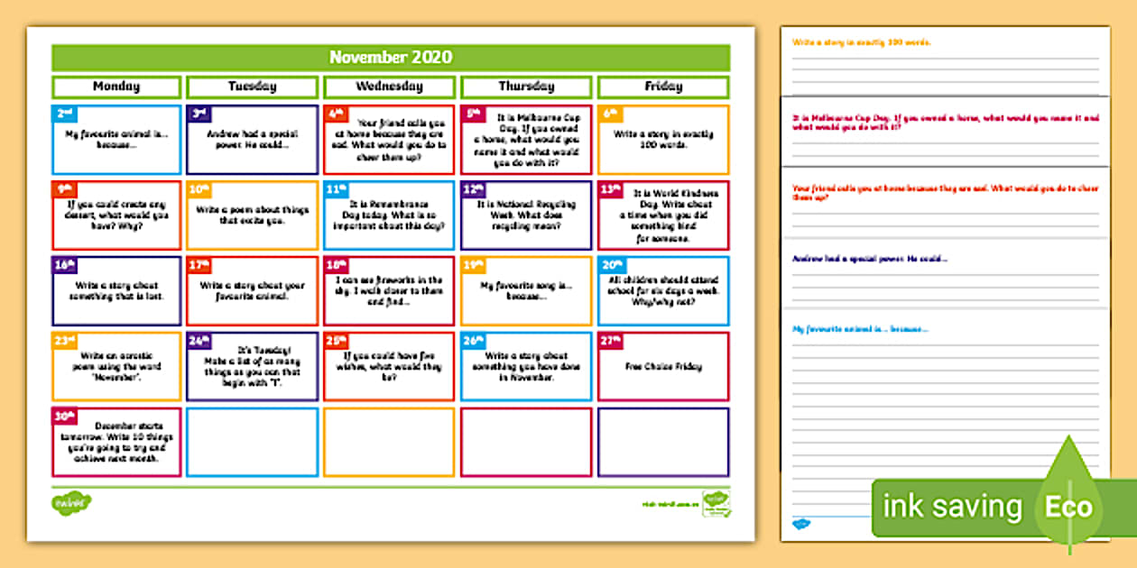 TAS November Writing Prompts Display Calendar - Twinkl