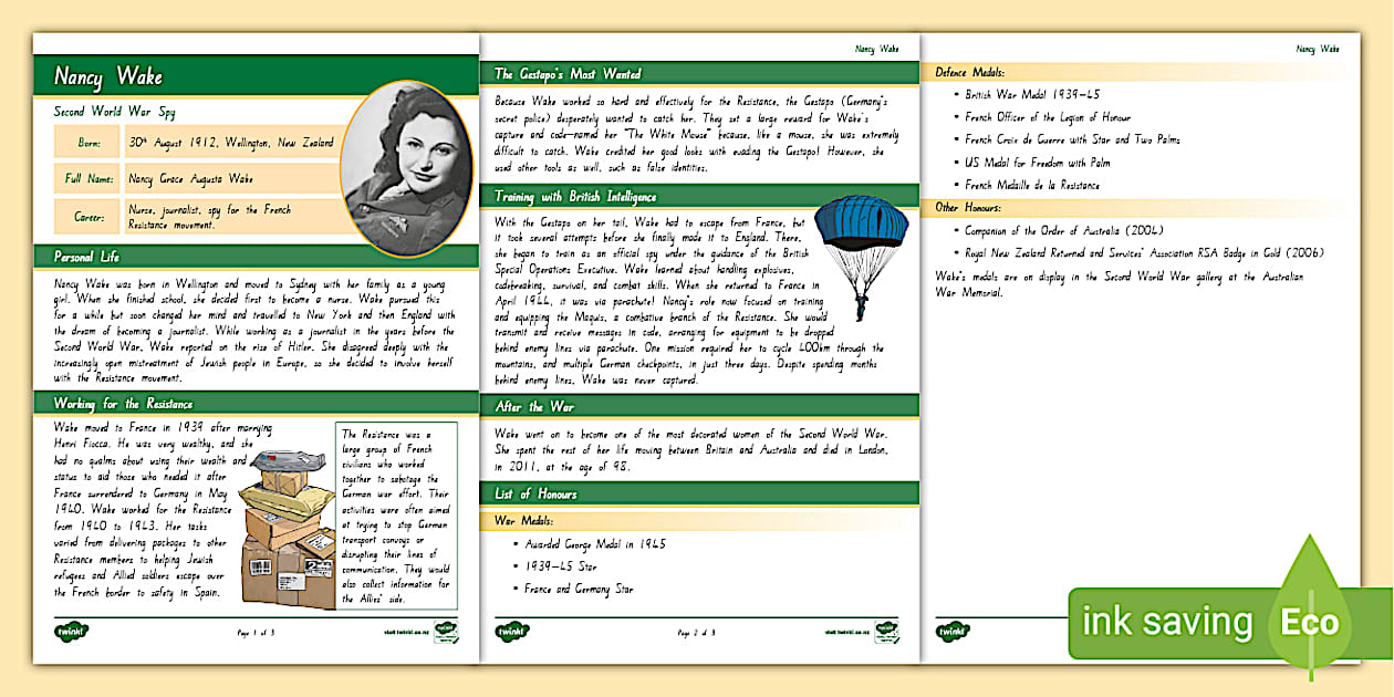 Nancy Wake Fact File (teacher made) - Twinkl