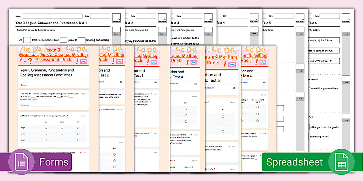 Editable Year 3 English Grammar & Punctuation Practice Test Pack