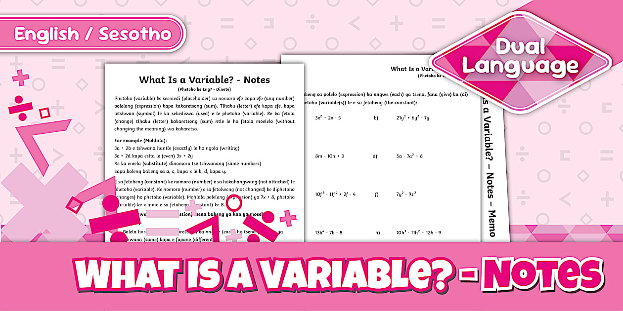 Grade 7 Maths -Term 3 -What Is a Variable? - Notes - Sesotho
