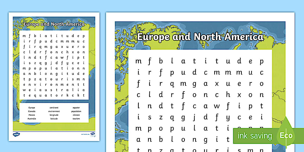 Europe and North America Word Search (teacher made) - Twinkl