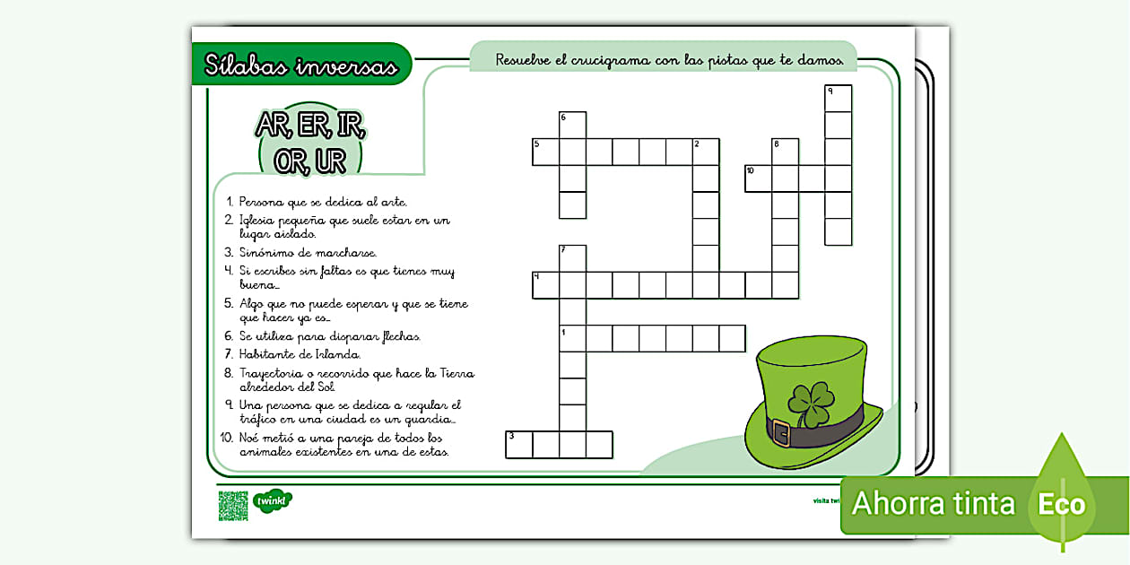 Crucigrama: Sílabas inversas AR, ER, IR, OR, UR - Twinkl