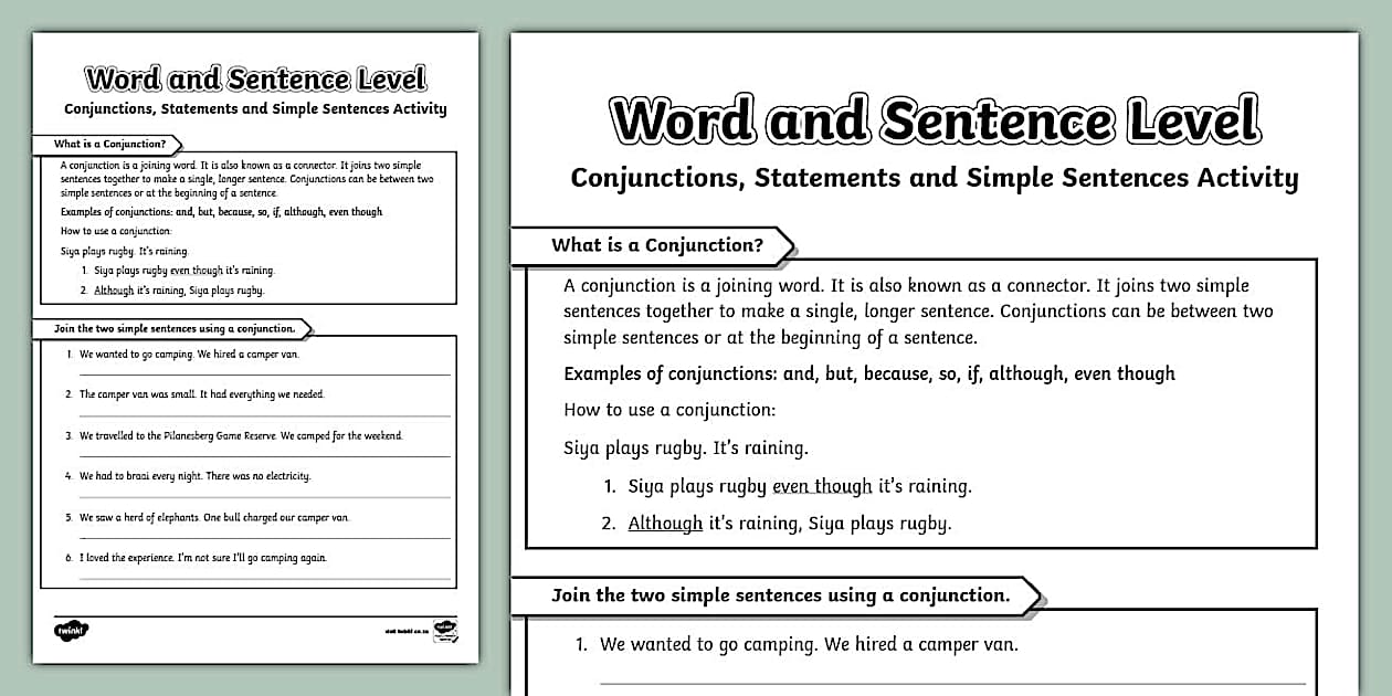 Conjunctions, Statements and Simple Sentences Activity Sheet
