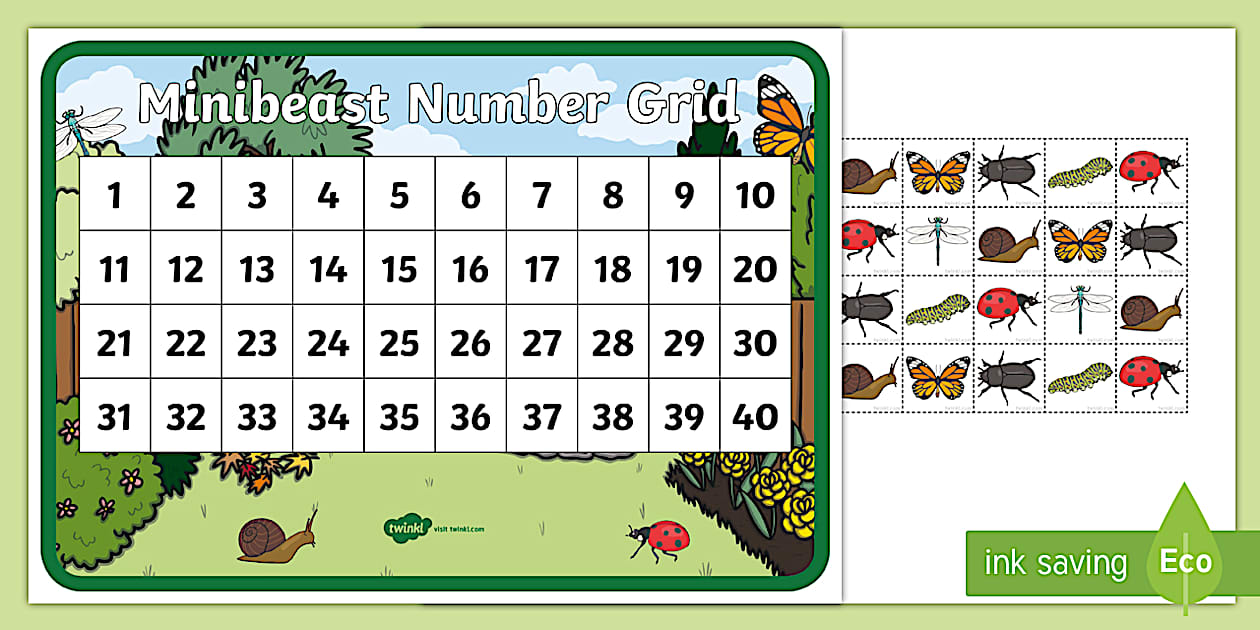 Minibeast-Themed 1 to 40 Number Grid - Twinkl