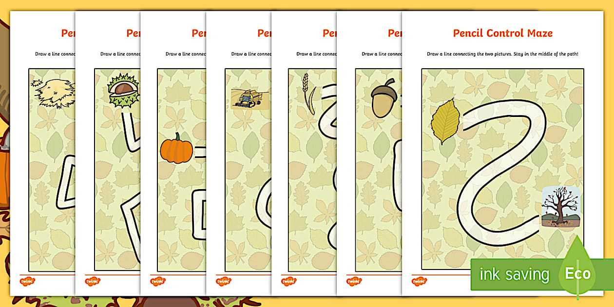Autumn-Themed Pencil Control Maze Worksheets (teacher made)