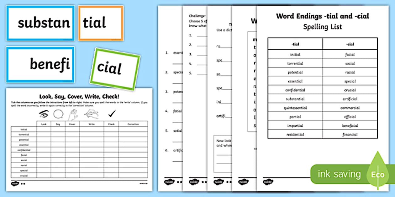 cial and tial Words Worksheet Pack - Primary Resources