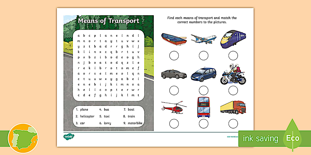 A1 Sopa de letras: Medios de transporte en inglés - Twinkl
