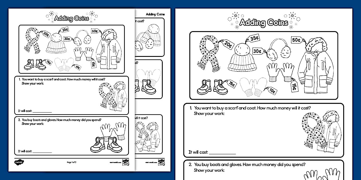 First Grade Winter Adding Coins Worksheet - Twinkl