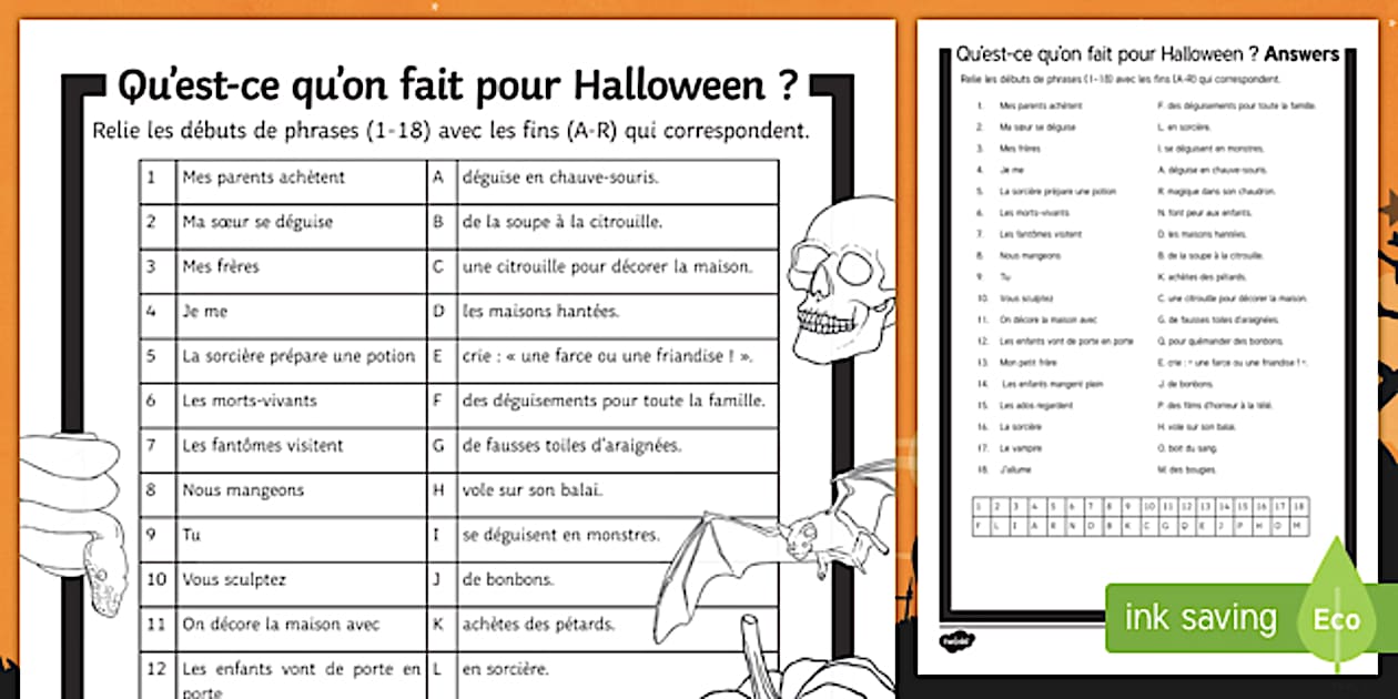 Halloween Present Tense Match Up Worksheet / Worksheet-French, worksheet