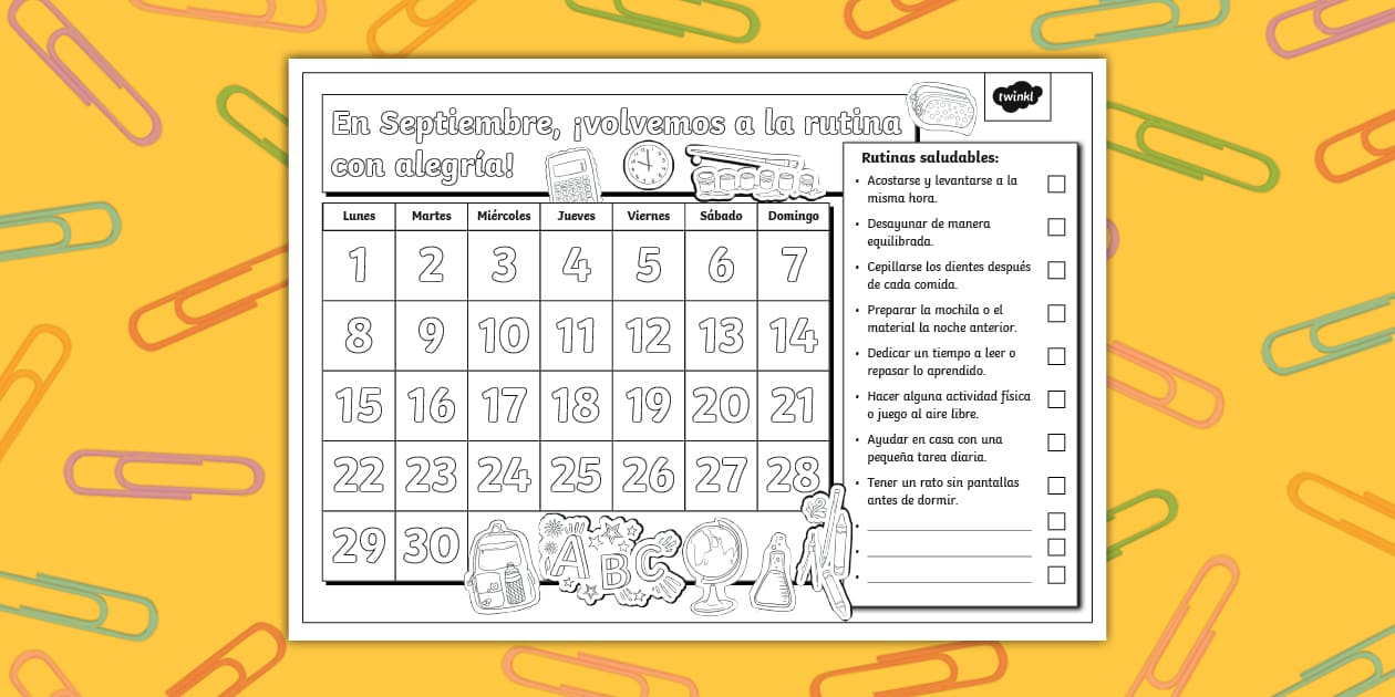 Calendario para colorear: Septiembre - Rutinas saludables - Vuelta al cole