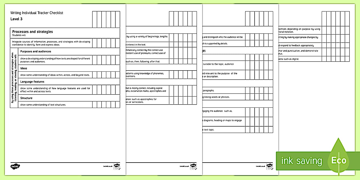 Editable New Zealand Level 3 Writing Individual Tracker Checklist