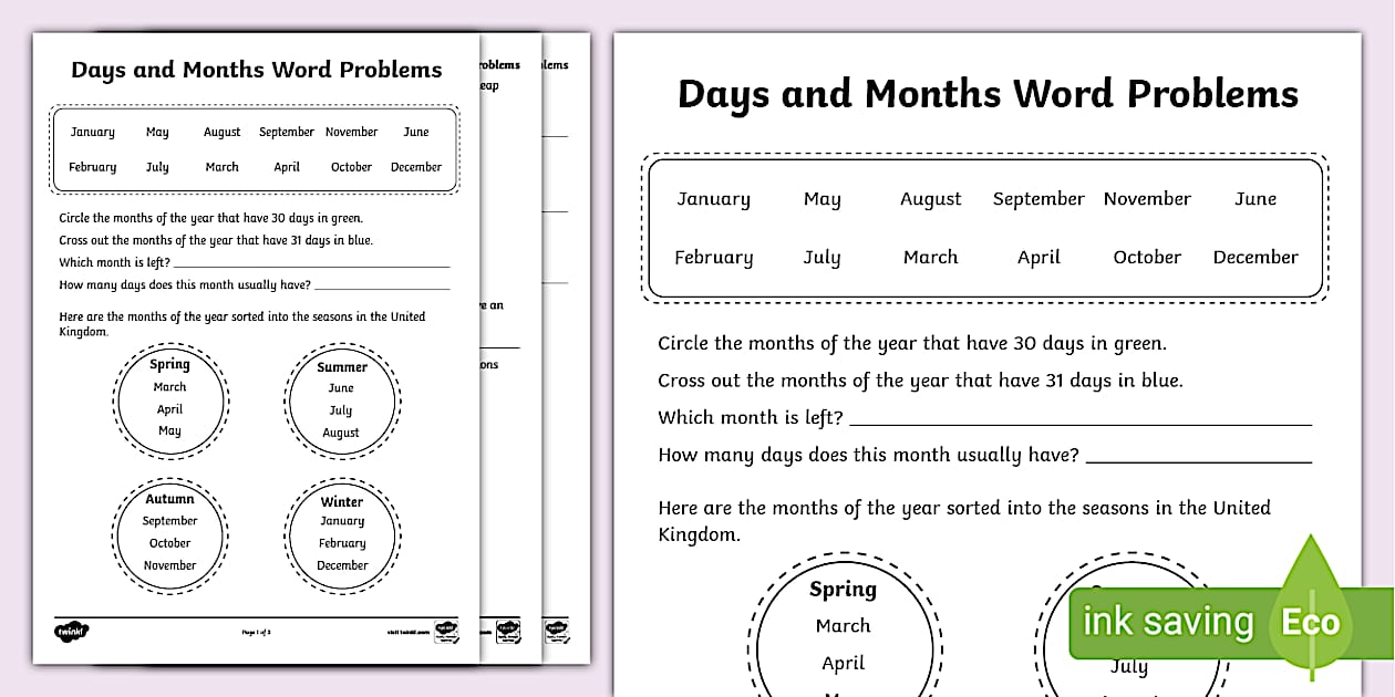 👉 Days and Months Word Problems Activity Sheet - Twinkl