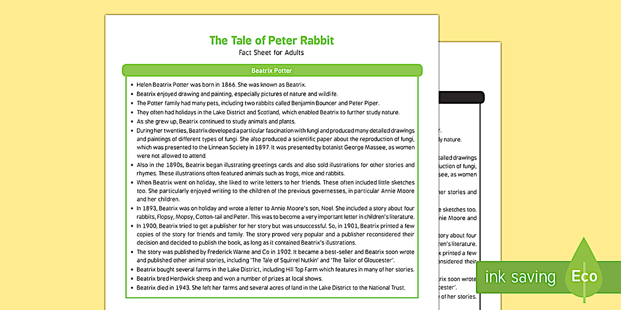The Tale of Peter Rabbit Fact Sheet for Adults - Twinkl