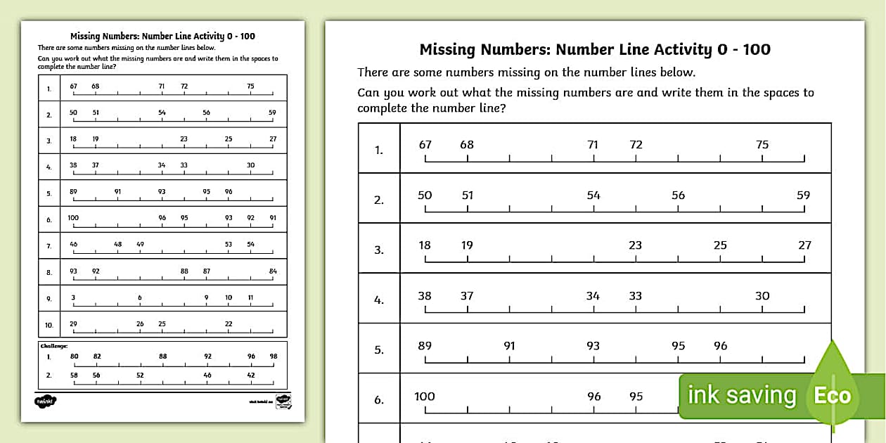 Missing Number Number Line Activity 0-100 - Twinkl